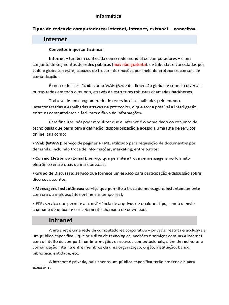 Tipos de Redes: Internet, Intranet e Extranet | PDF | Internet | Rede de computadores