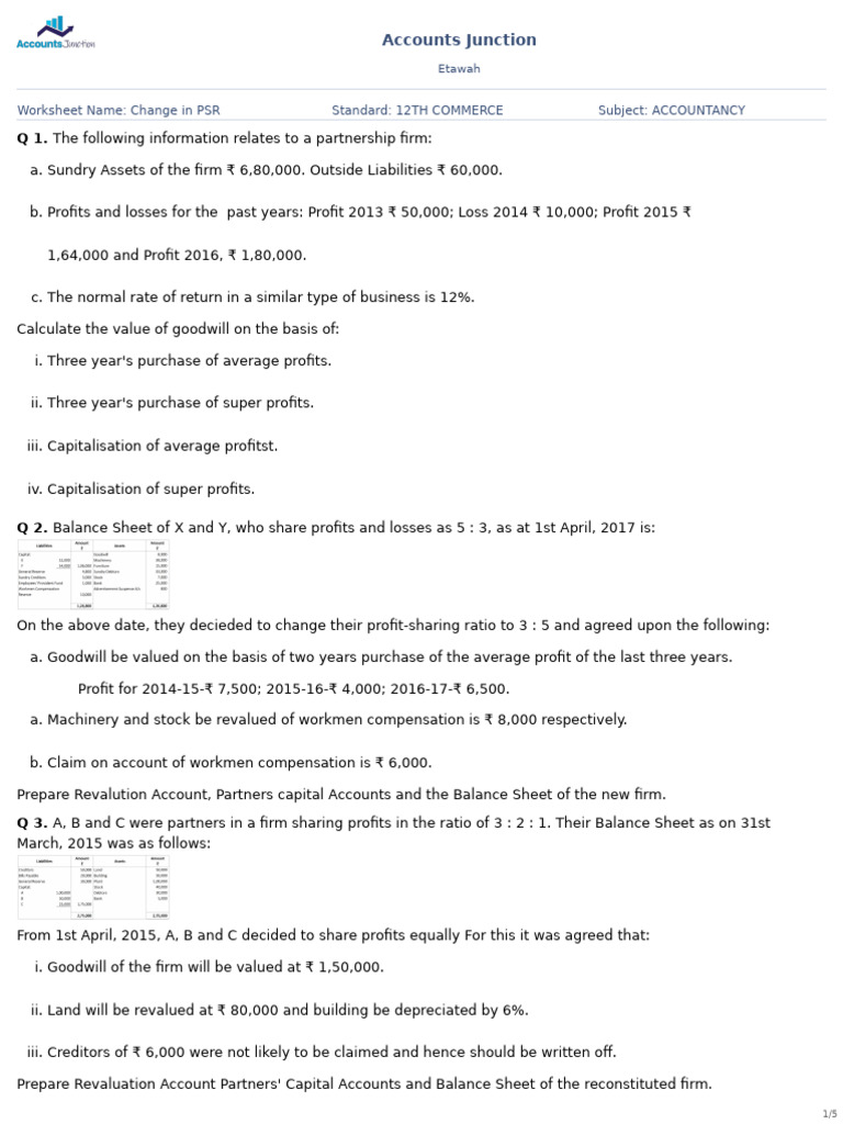 Change in Psr-12th Commerce-Accountancy | PDF | Goodwill (Accounting ...