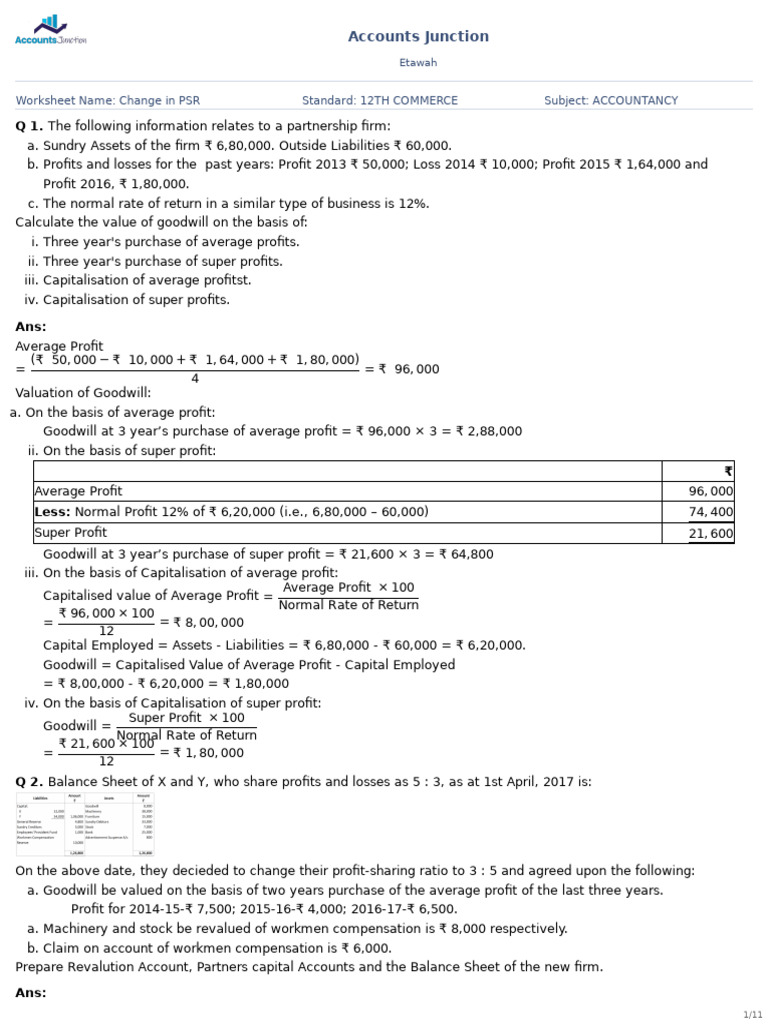 Change in PSR 12th Commerce Accountancy Answersheet | PDF | Goodwill ...