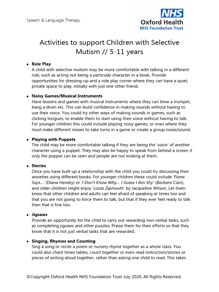 Activities Selective Mutism 5 11 Years 2 | PDF | Human Communication