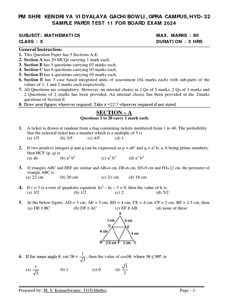 Maths Class X Sample Paper Test 11 For Board Exam 2024 | PDF | Circle ...
