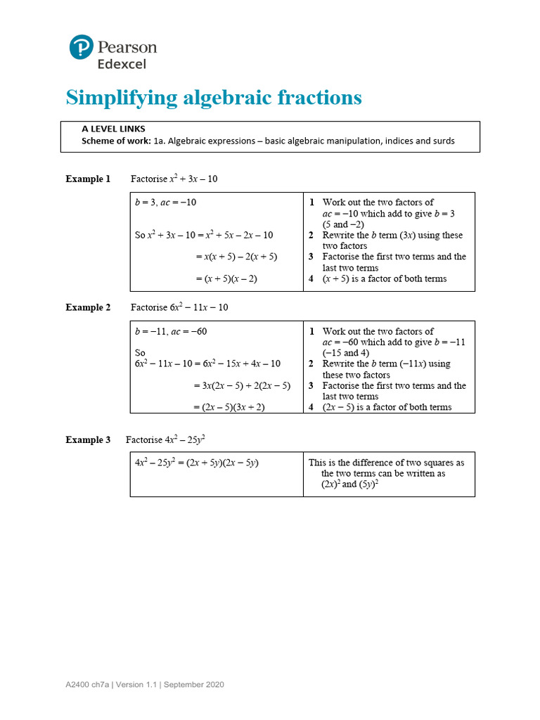 Example 1 Chapter 7 Simplifying Algebraic Fractions Pdf Factorization Numbers