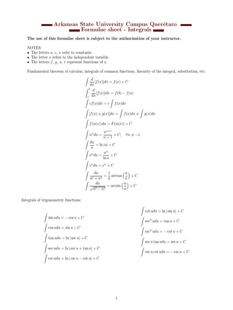 Formulae Sheet | PDF | Integral | Analysis
