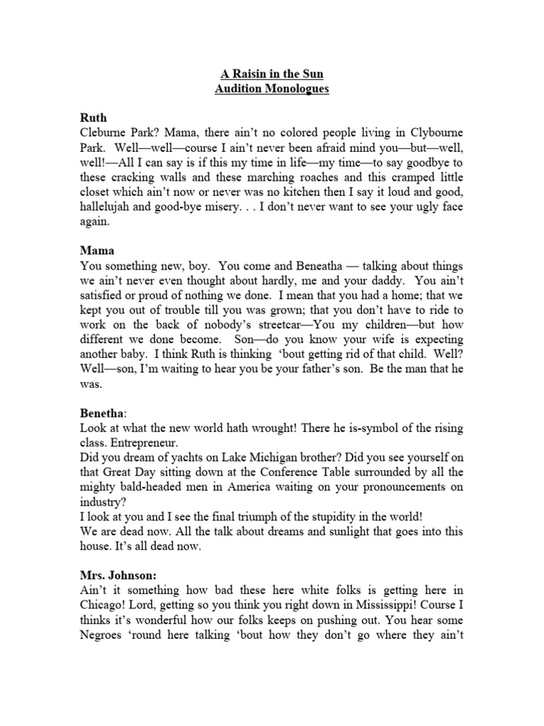 A Raisin in The Sun Audtion Monologues | PDF | Mystery, Thriller & Crime Fiction