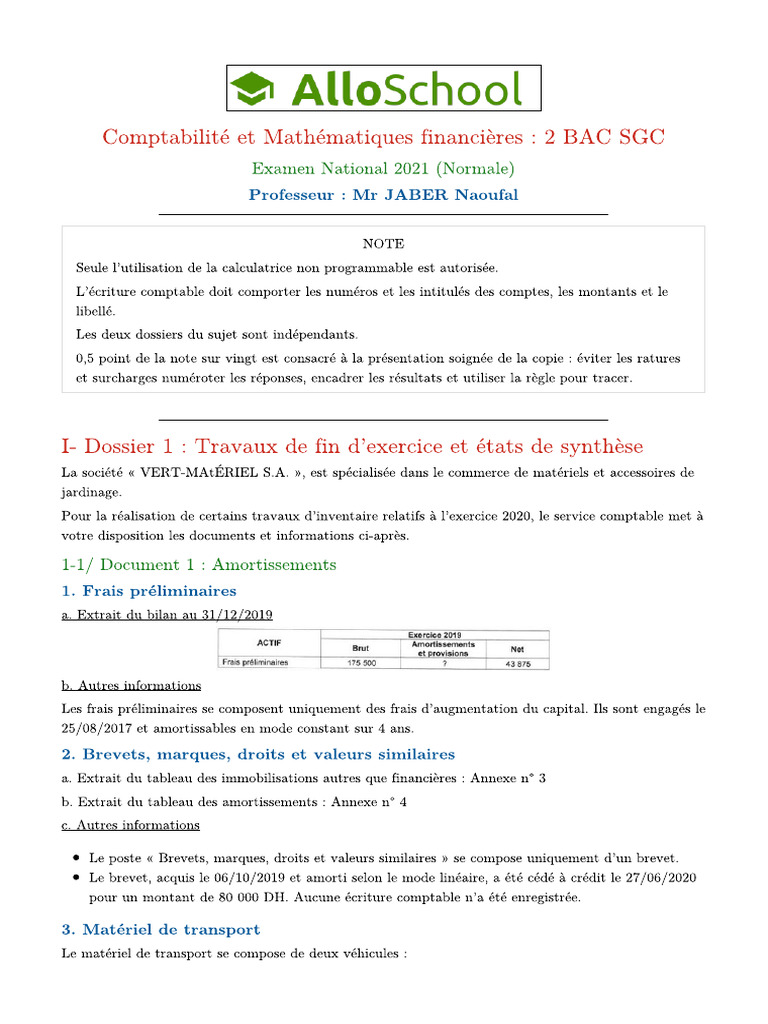 Compta 2bac SGC Examen National 2021 Normale 1 | PDF