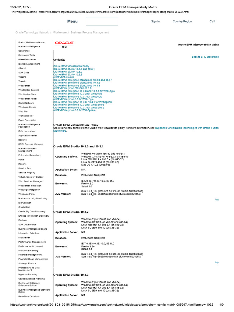 Oracle Bpm Interoperability Matrix Pdf Ibm Db2 Oracle Corporation