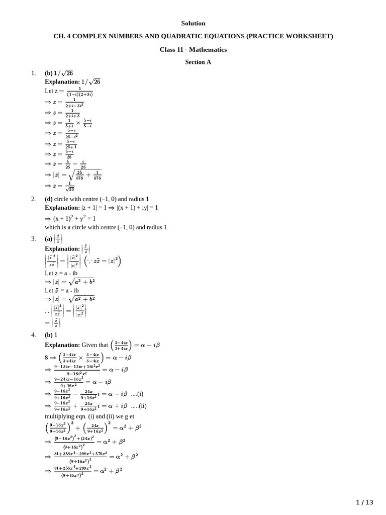 Class 11 Complex Numbers Worksheet | PDF | Numbers | Complex Analysis