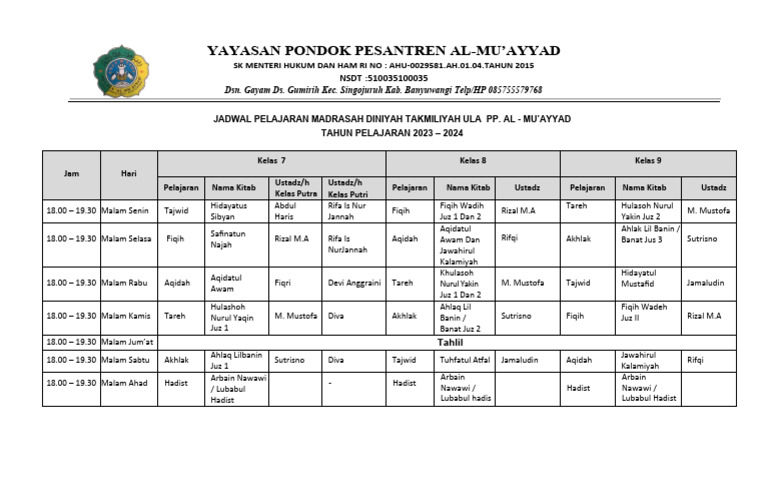 Jadwal Diniyah 2023-2024 | PDF