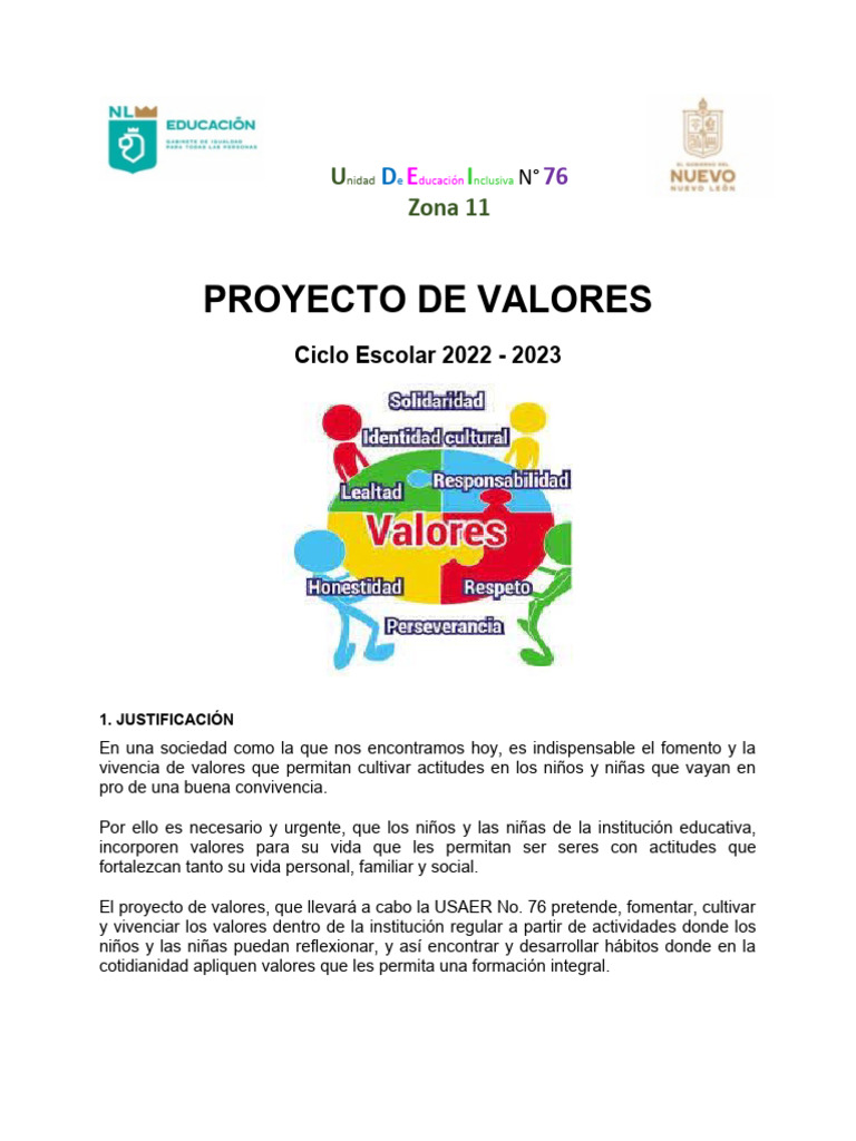 PROYECTO VALORES | PDF | Salón de clases | Mujer