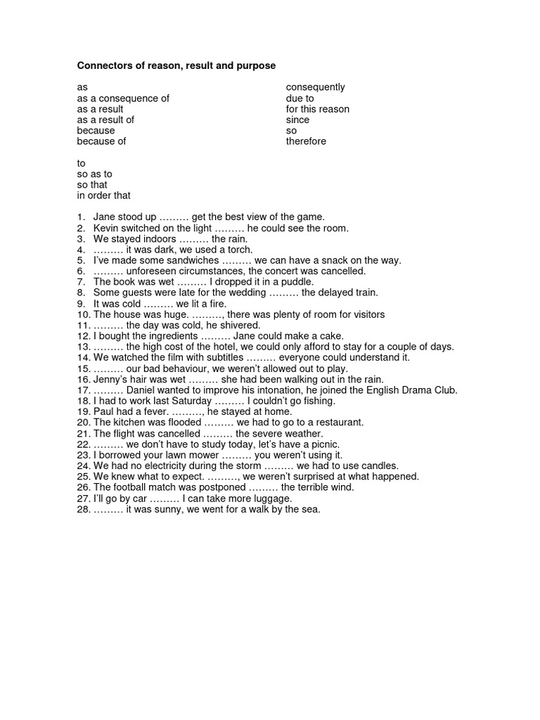 Connectors of Reason, Result, and Purpose Exercises | PDF | Language ...
