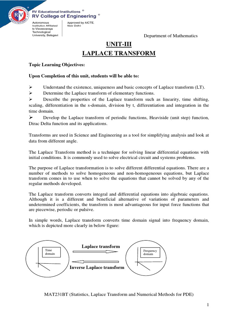 Unit-III Laplace Transform | PDF | Laplace Transform | Equations