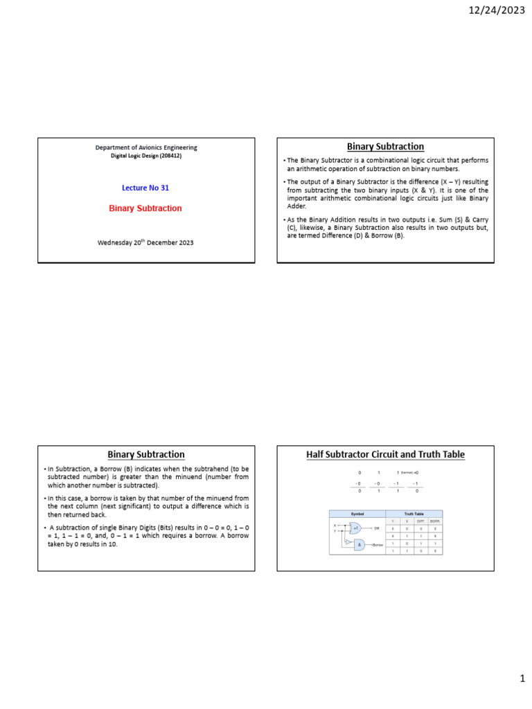 DLD Lecture No. 31 Binary Substraction 20 Dec 23 | PDF | Subtraction | Computing