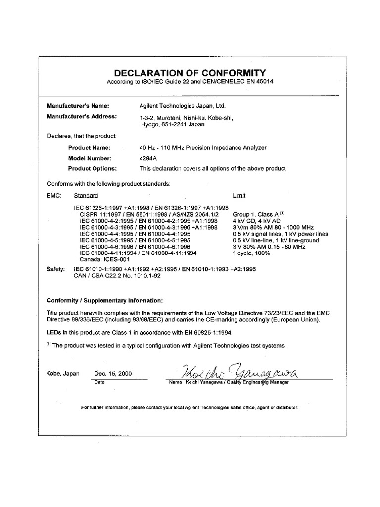 Agilent 4294A Precision Impedance Analyzer Operation Manual 7th Edition ...