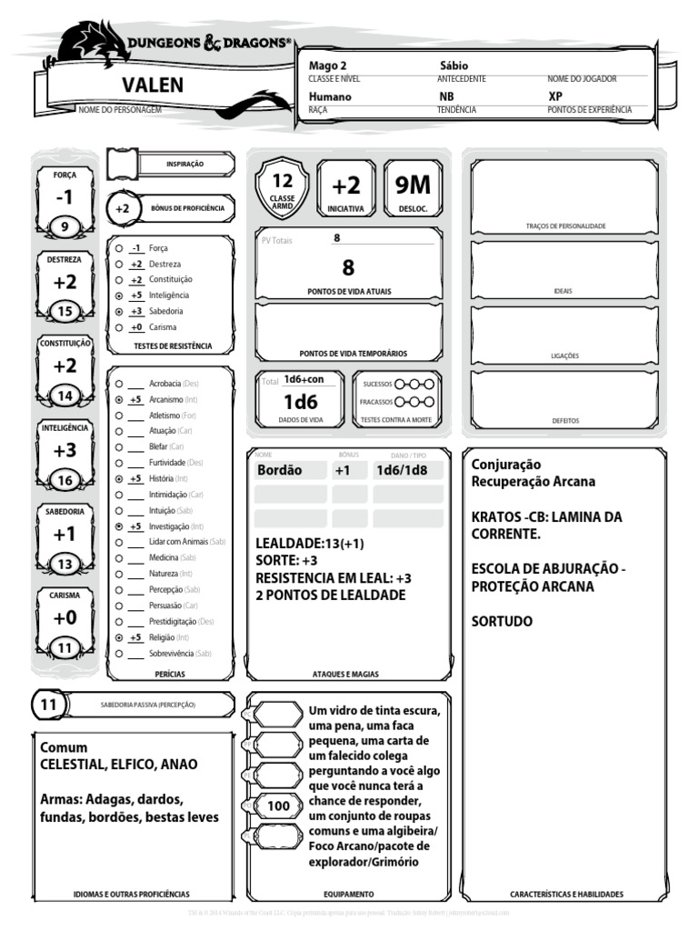 Ficha Mago LVL 3 | PDF