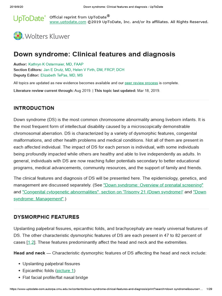 Down Syndrome_ Clinical Features and Diagnosis - UpToDate | PDF