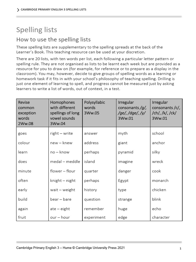 Pri Eng 2ed tr3 Spelling List | PDF
