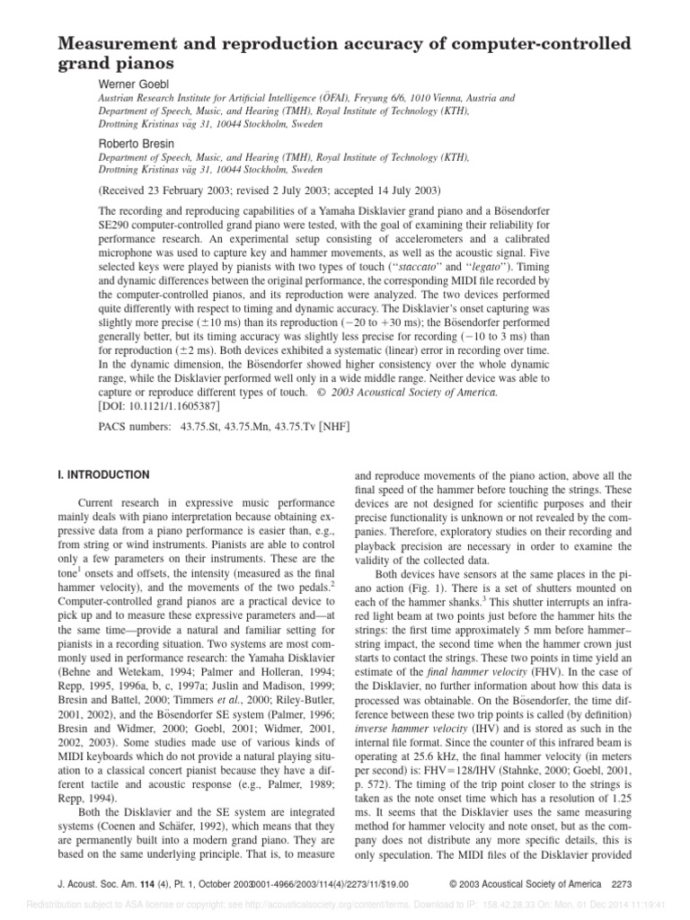 Measurement and Reproduction Accuracy of Computer-Controlled Grand Pianos | Download Free PDF ...
