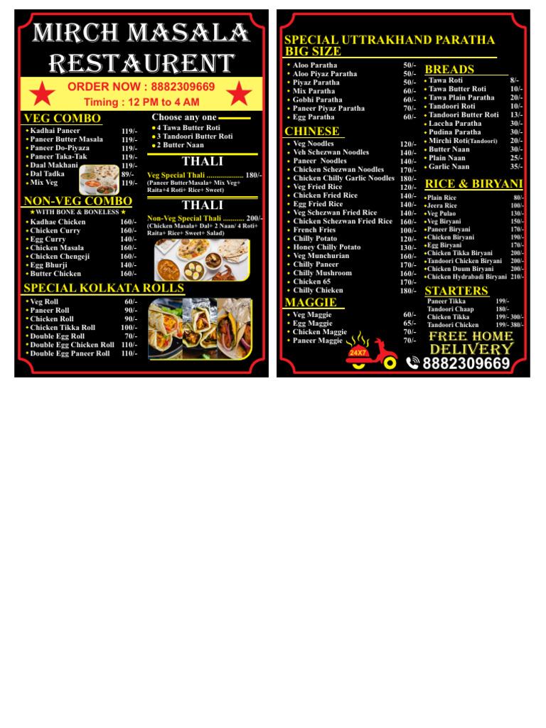 Mirch Masala Restaurent Menu | Download Free PDF | Western Cuisine ...