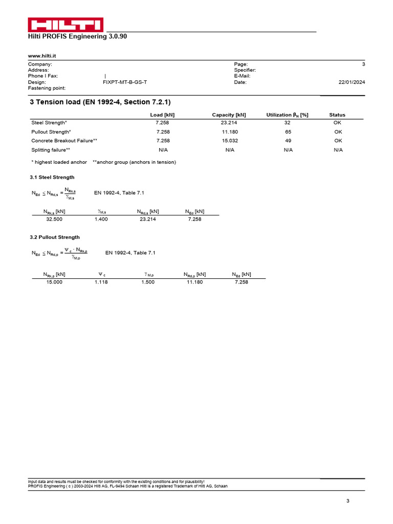 3 Tension Load (EN 1992-4, Section 7.2.1) : Hilti PROFIS Engineering 3.0.90 | PDF | Civil ...