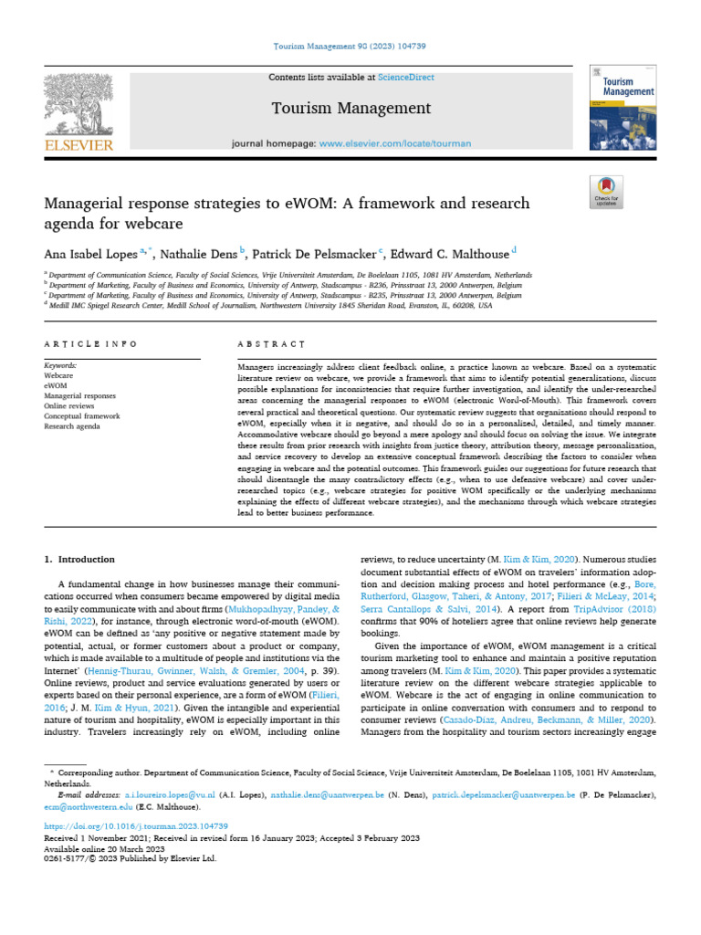 eWOM Management Strategies in Tourism | PDF | Customer Satisfaction | Brand