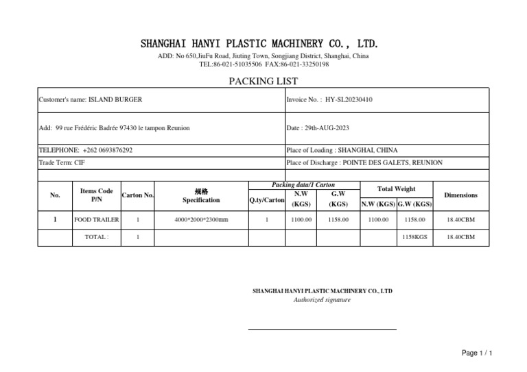 Packing List for Island Burger Shipment | PDF