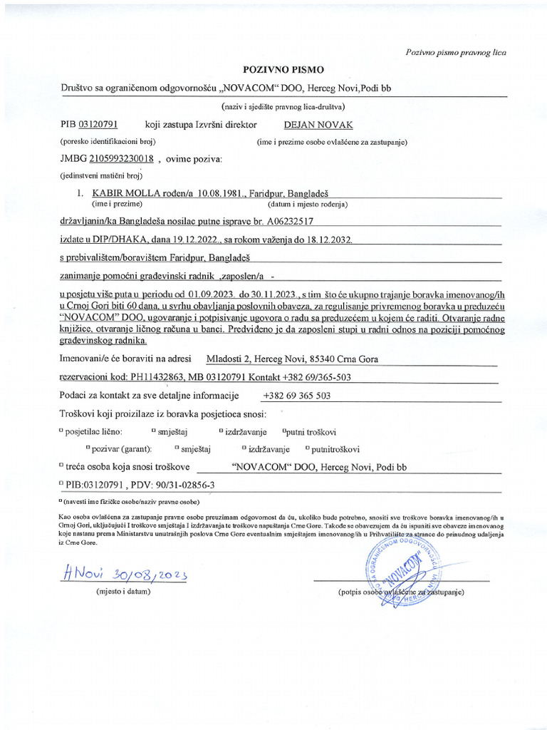 Pozivno Pismo-Kabir Molla | PDF