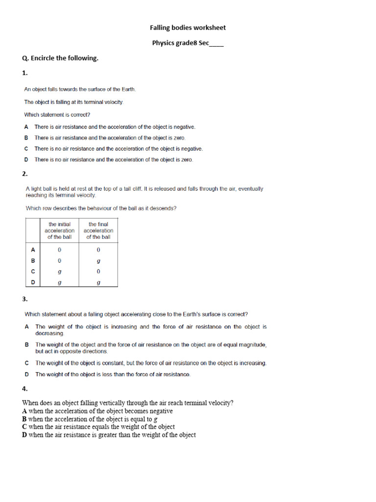 Falling Bodies Worksheet | PDF