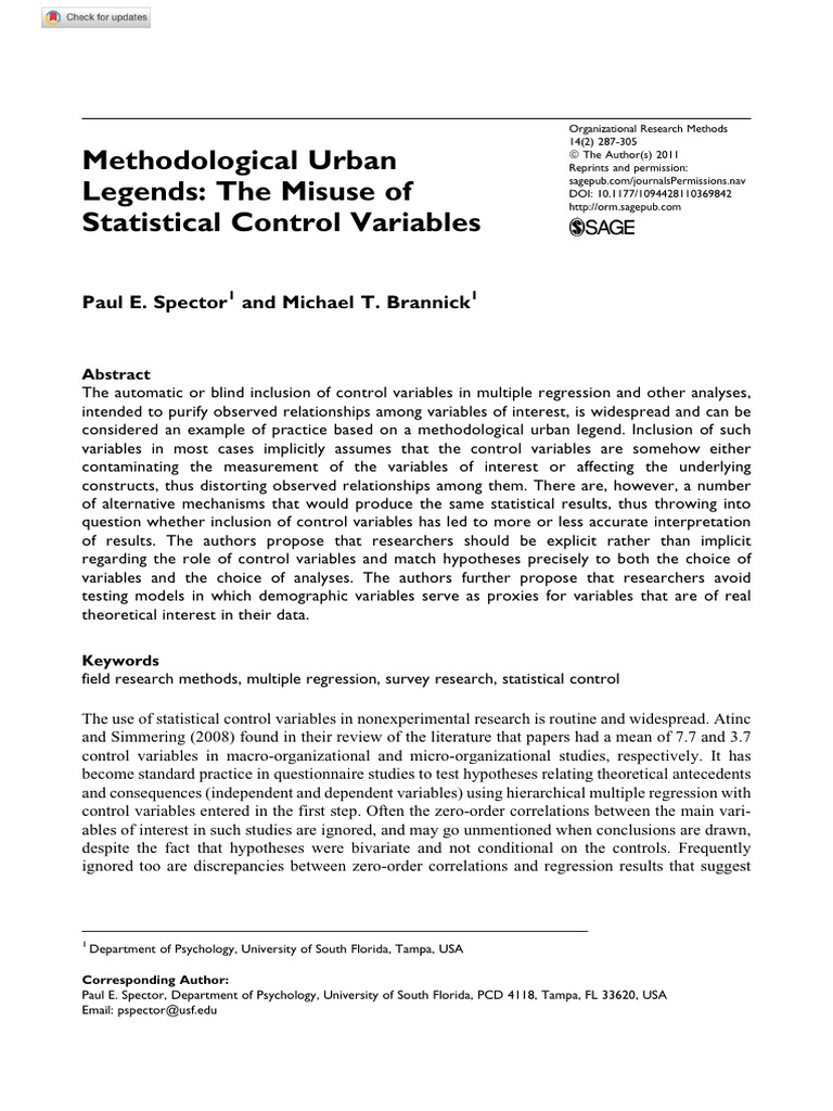 Spector Brannick 2010 Methodological Urban Legends The Misuse of Statistical Control Variables ...