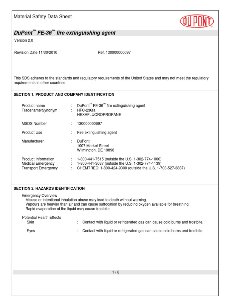 MSDS Dufont Fe 36 Servvo | PDF | Firefighting | Valve