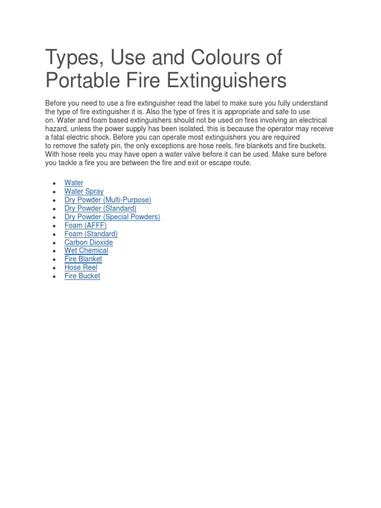 Types, Use and Colours of Portable Fire Extinguishers | PDF | Fires | Oil