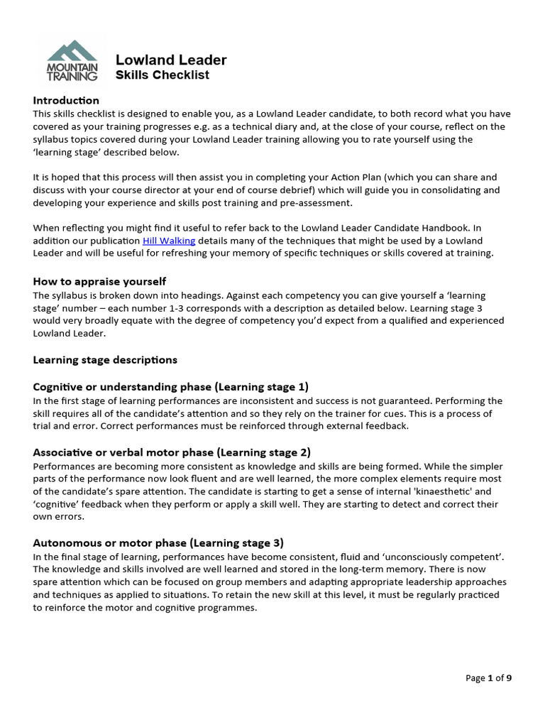 Lowland Leader Skills Checklist | PDF | Leadership | Learning