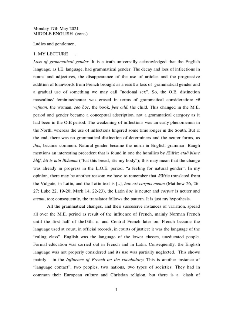LECTURE Monday 17th May 2021 | PDF | Grammatical Gender | English Language