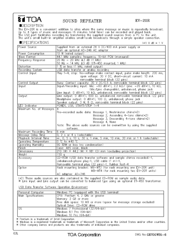 2748 Ev 20r Sound Repeater Specification | PDF