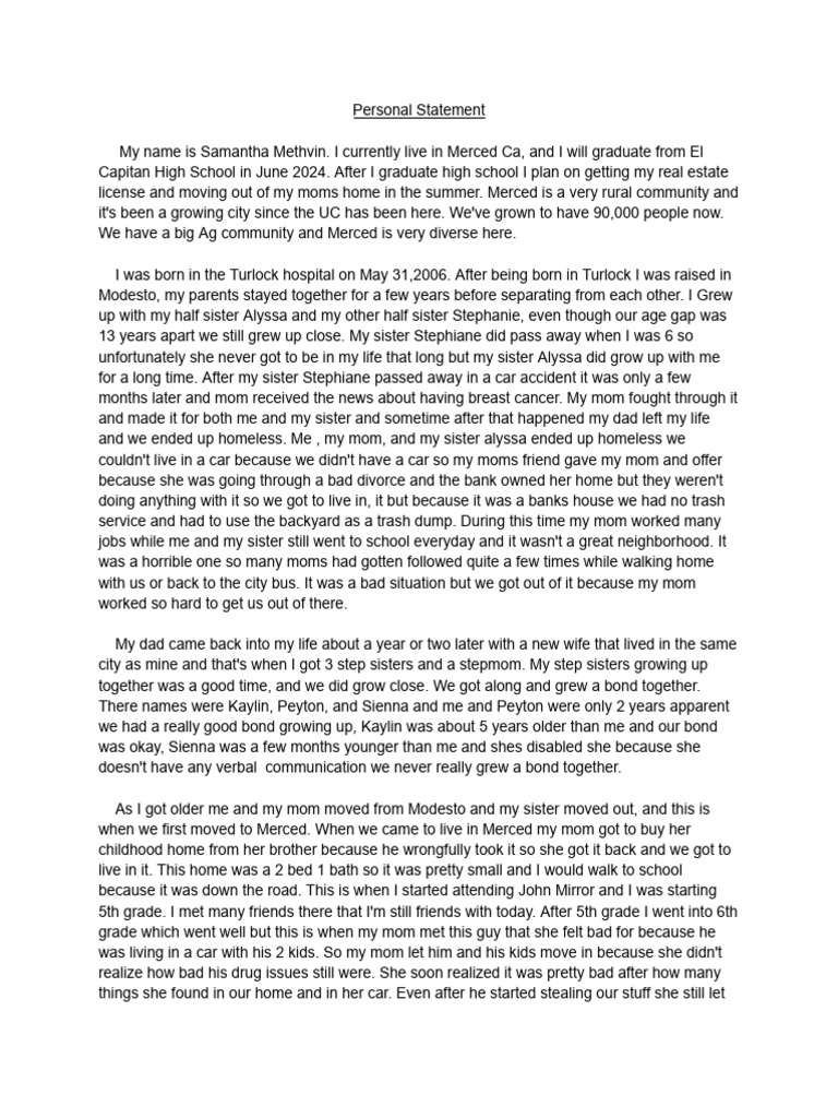 Samantha Methvin - Personal Statement 1 | PDF