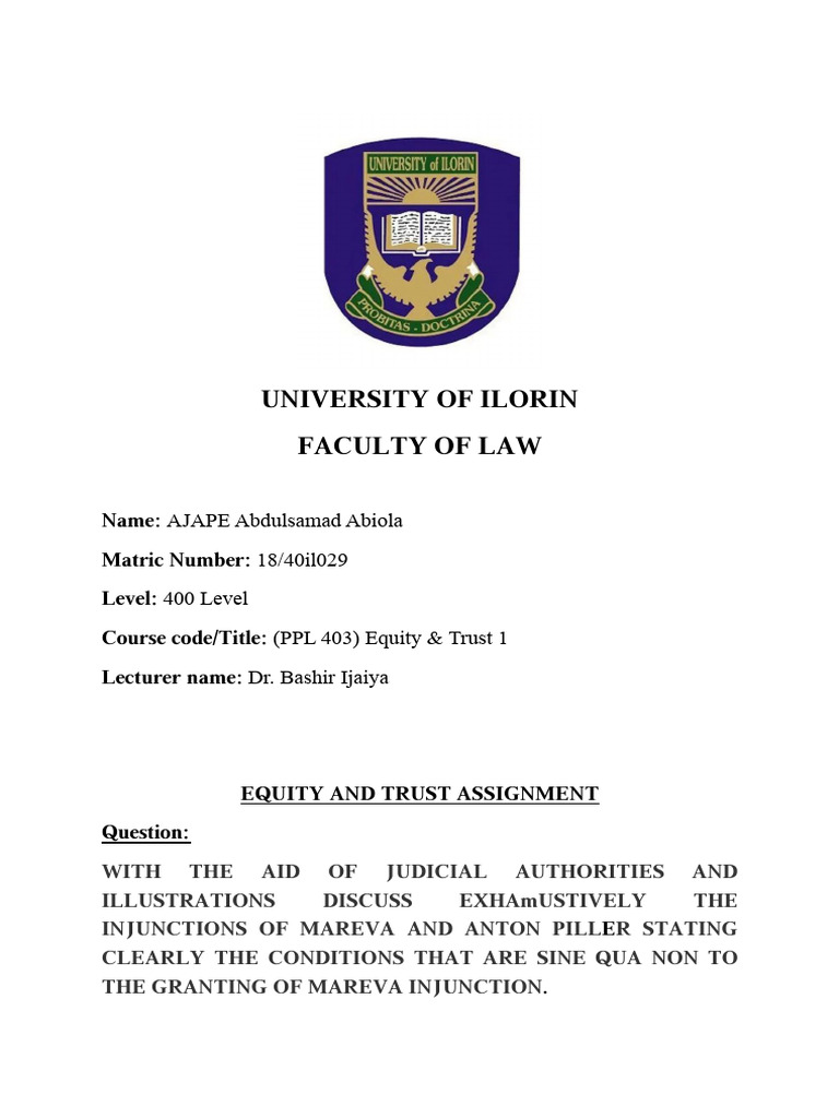 Mareva Injunction by Ajape Abdulsamad Abiola | PDF | Injunction | Equity (Law)