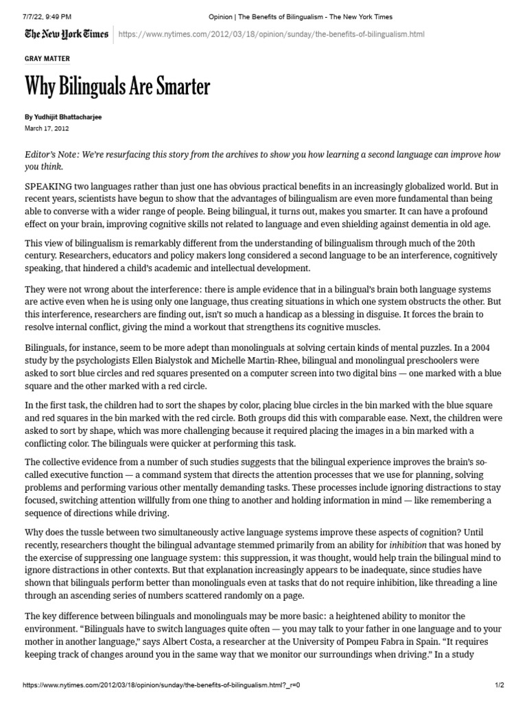 Opinion - The Benefits of Bilingualism - NYTimes | PDF ...