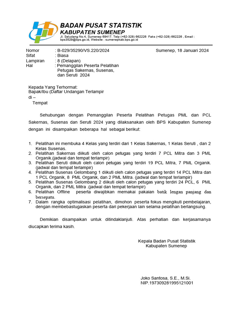 Surat - Pemanggilan - Peserta PML Dan PCL SAKERNAS SUSENAS SERUTI | PDF