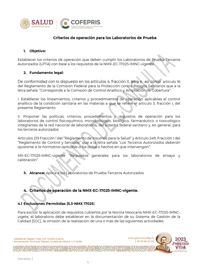 CRITERIOS - DE - OPERACI - N Cofepris | PDF | Calibración | Laboratorios
