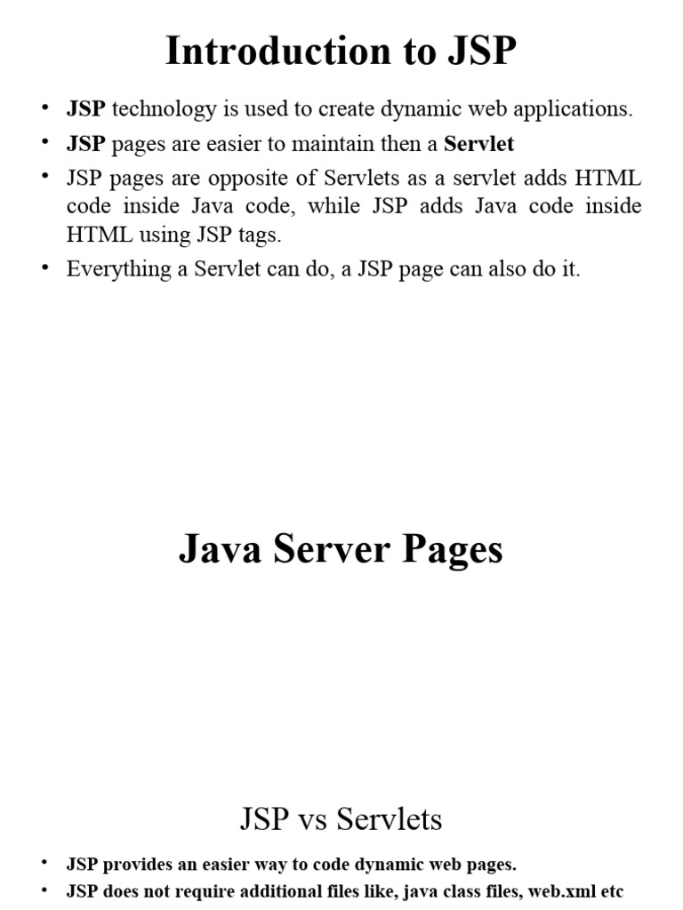 Introduction To JSP | PDF | Java (Programming Language) | Dynamic Web Page Introduction To JSP | PDF | Java (Programming Language) | Dynamic Web Page