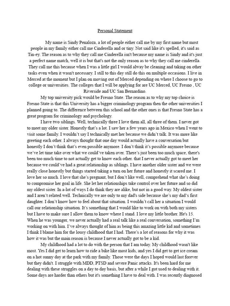 sindy penaloza - personal statement | PDF | Therapy | Major Depressive ...