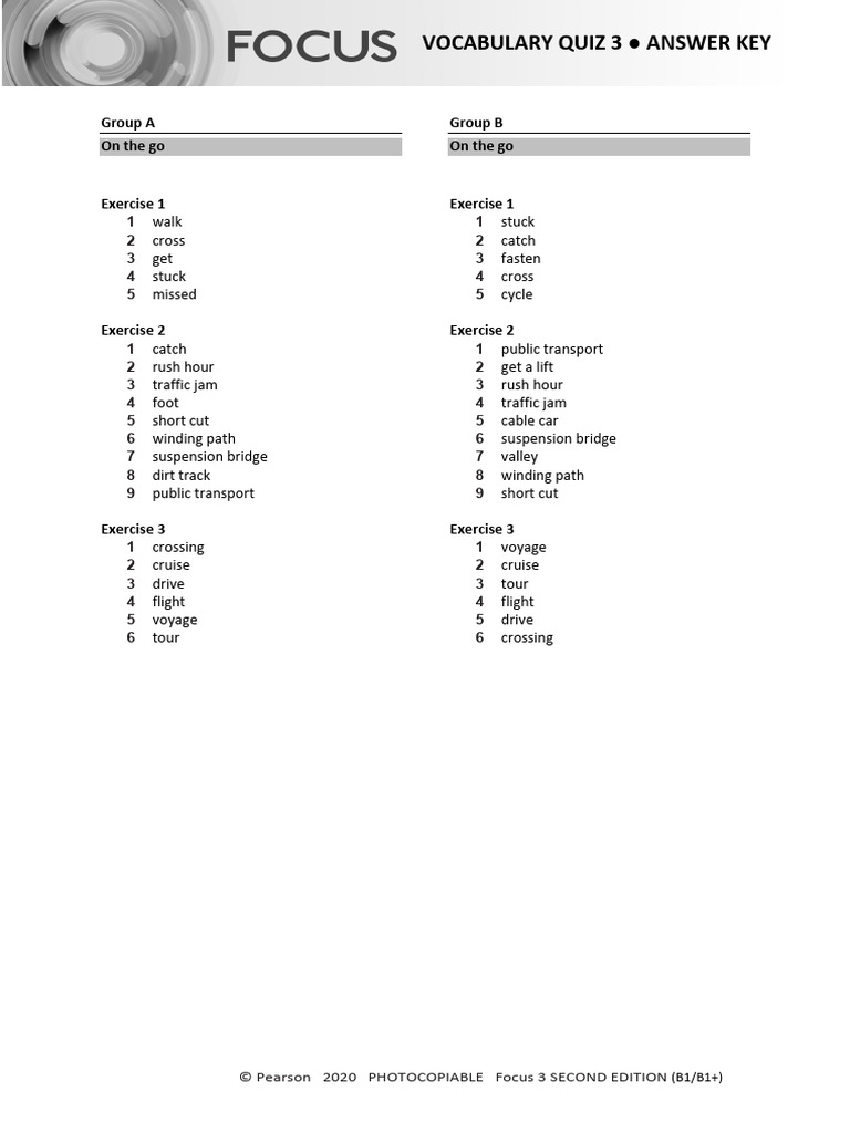 Focus3 2E Vocabulary Quiz Unit3 GroupA B ANSWERS | PDF