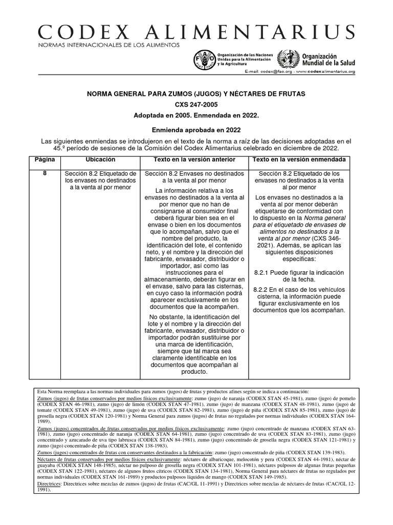 Norma General de Zumos y Néctares | PDF | Dieta y nutrición | Azúcar