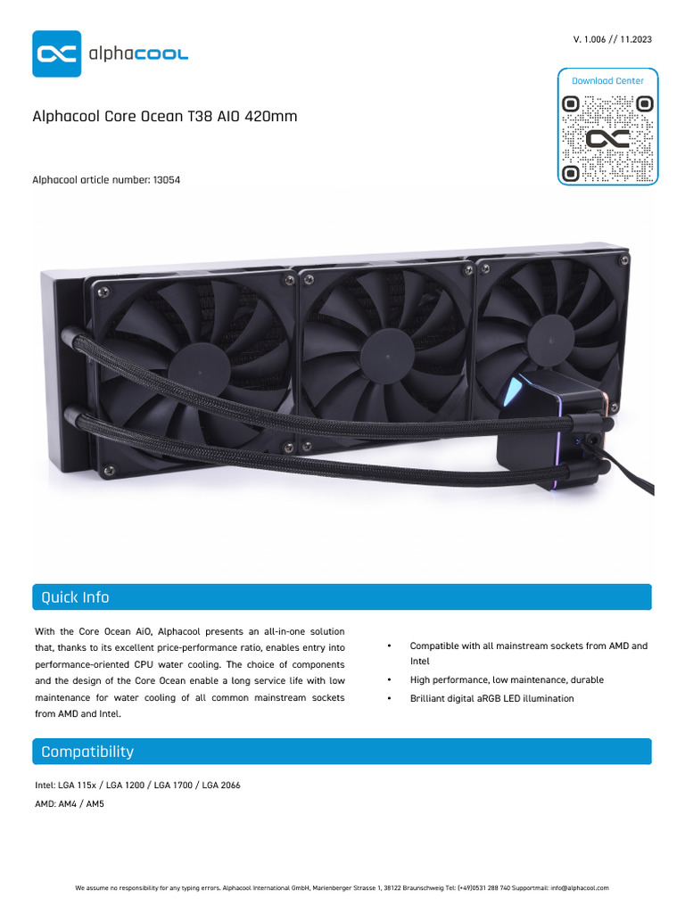 ENG 13054 Alphacool Core Ocean T38 AIO 420mm Datasheet | PDF | Radiator ...