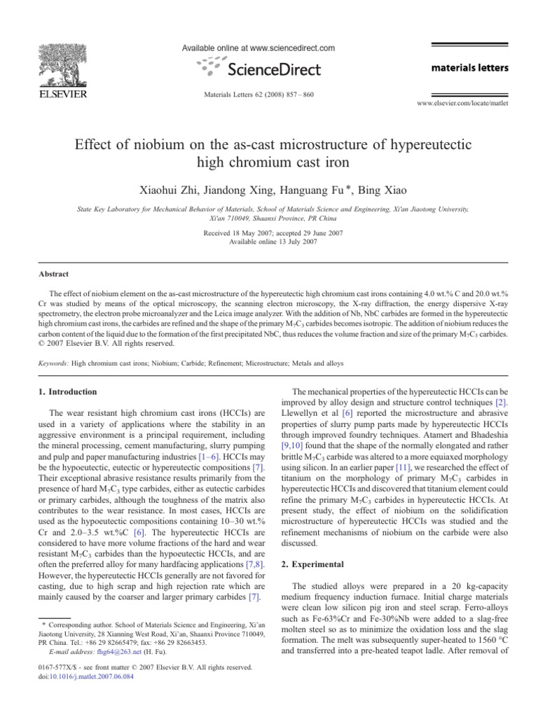 Effect Of Niobium On The As Cast Microstructure Of Hypereutectic High Chromium Cast Iron