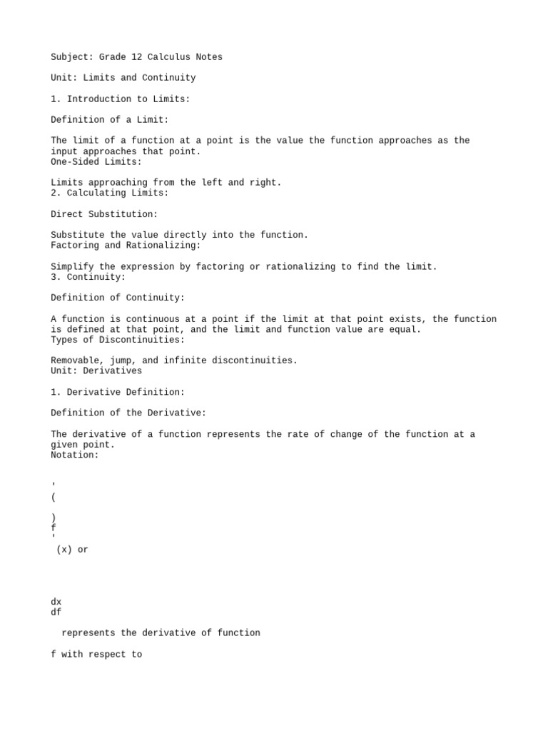 Subject Grade 12 Calculus Notes | PDF