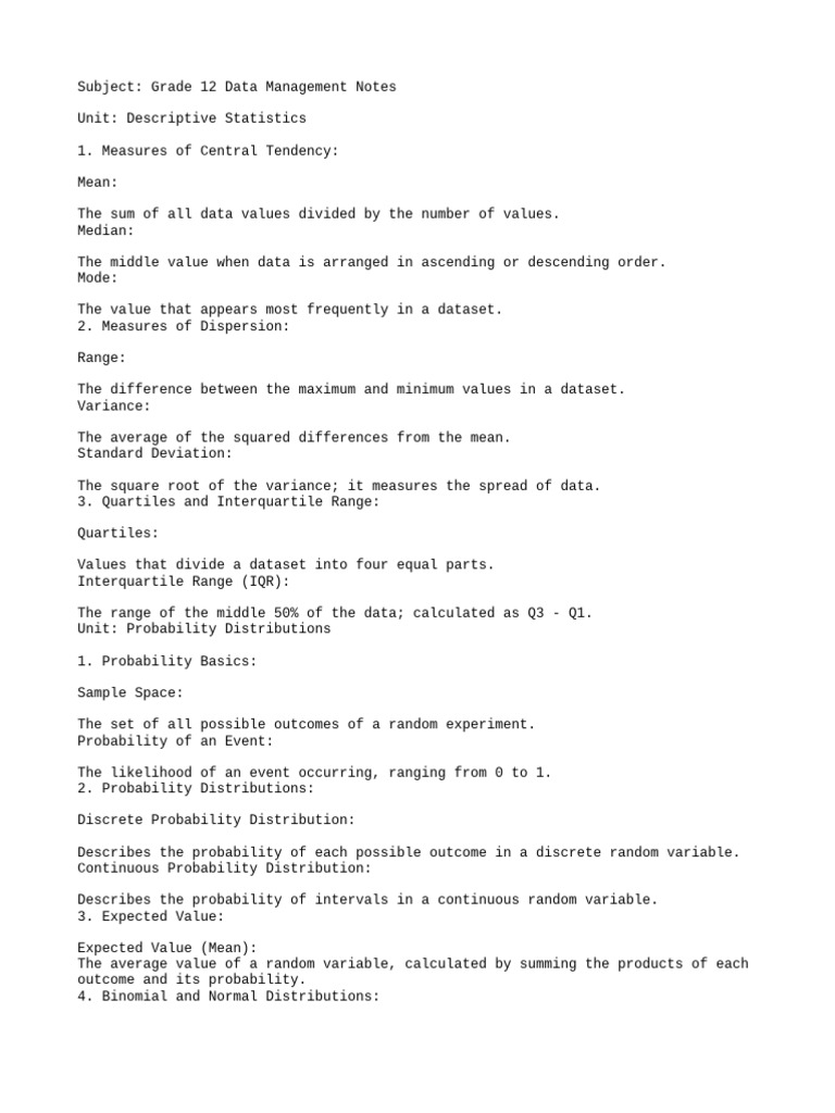 Subject Grade 12 Data Management Notes | Download Free PDF ...