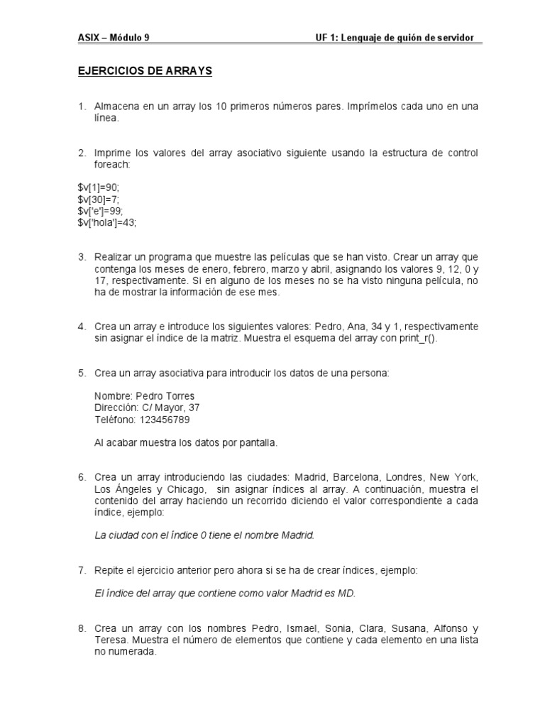 PHP - Ejercicios de Arrays | Descargar gratis PDF | Estructura de datos de matriz | Puntero ...