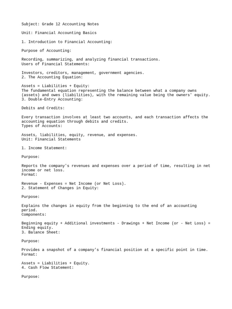 Subject Grade 12 Accounting Notes | PDF | Equity (Finance) | Financial ...
