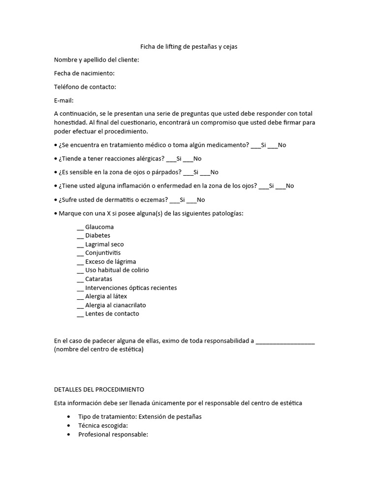 Ficha de Lifting de Pestañas y Cejas Echo | PDF