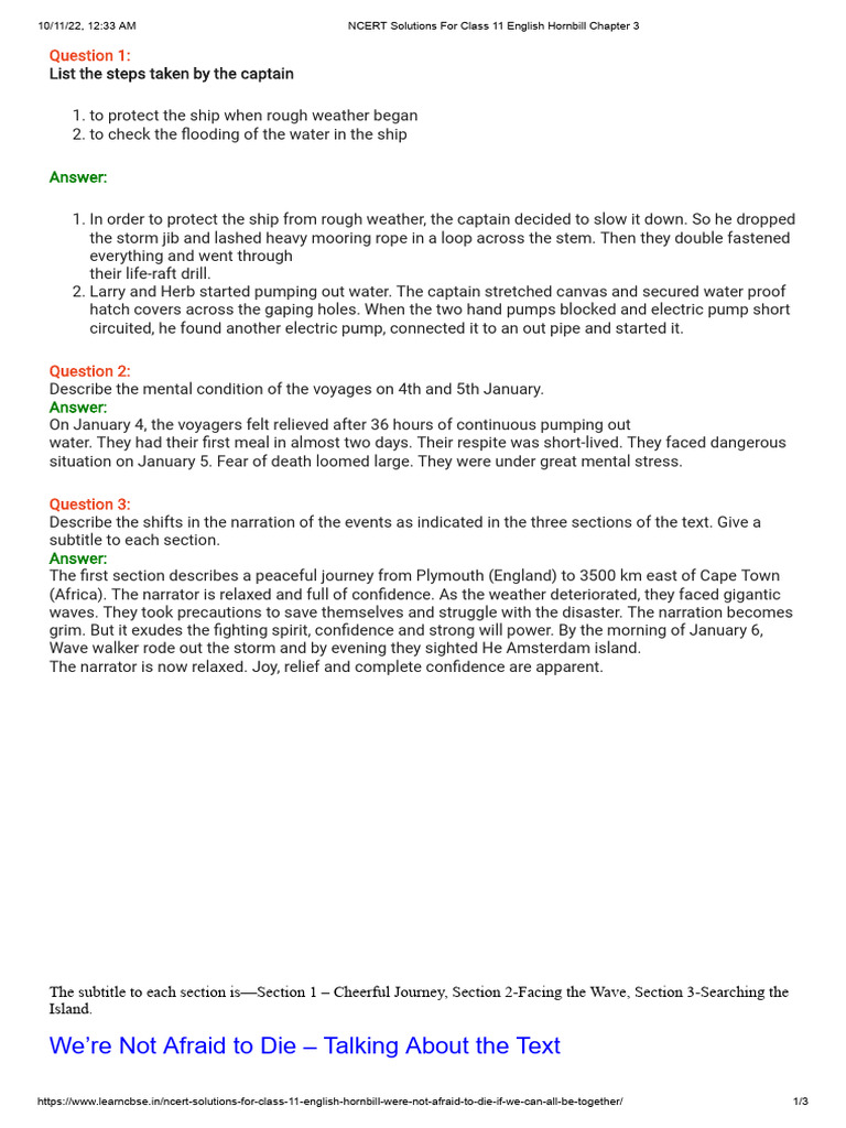 NCERT Solutions For Class 11 English Hornbill Chapter 3 | PDF | Courage